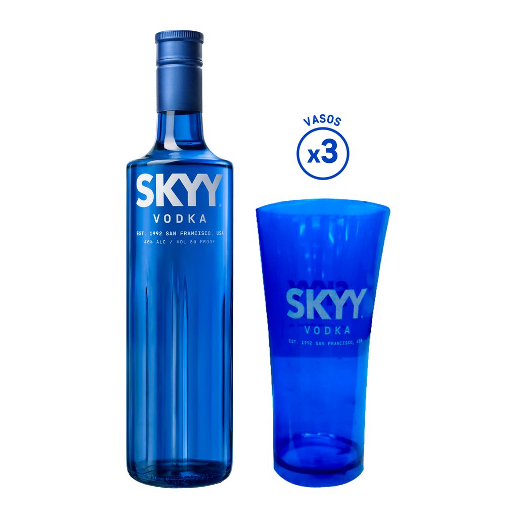 Pack Vodka SKYY Botella 750ml + 03 Vaso SKYY | DeLicores.com